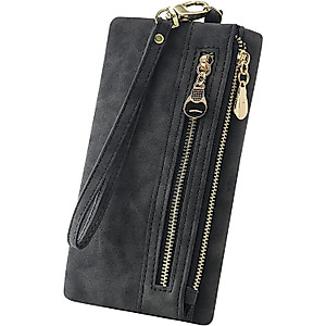 Soft Leather Long Wallet Wristlet with hand Strap Clutch Bag for Women Card holder Phone Bag (Black)