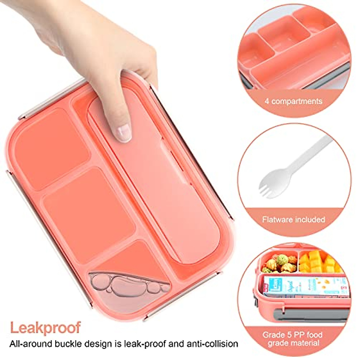 Amathley Lunch Box Kids,Bento Box Adult Lunch Box,Lunch Containers for Adults/Kids/Toddler,1300ML-4 Compartment Bento Lunch Box,Microwave & Dishwasher & Freezer Safe,BPA Free (Pink)