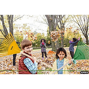 Superio Kids Rake with Hardwood Handle, Gardening and Lawn Care Tools for Kids, Sweep Leaves and Tidying Up The Garden, Plastic Tines and Heavy Duty Wooden Handle 34" (Kid Size, Green, 1-Pack)