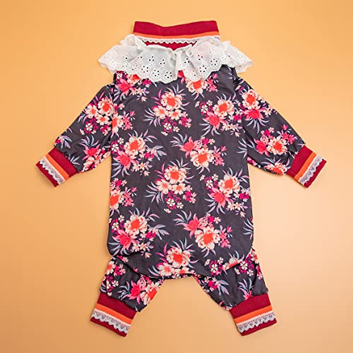 LovinPet Dog Pajamas for Large Dogs, UV & Post Operative Protection, 4 Legged High Collar Dog Onesies,Lightweight Stretchable Large Floral Plum Prints Large Dog Pajamas as Base Shirt for Dog Dresses M