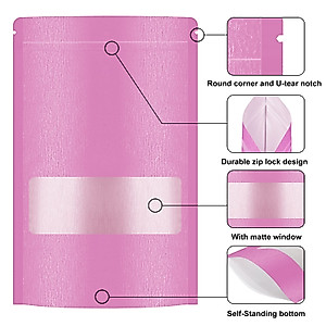 WObell 50pcs Color Kraft Ziplock Bag Pouches,4.7x7.9 Inch Resealable Kraft Stand up Bags with Window, Reusable Ziplock Food Storage Pouches,Heat Sealable Bags for Store&Home(Pink)