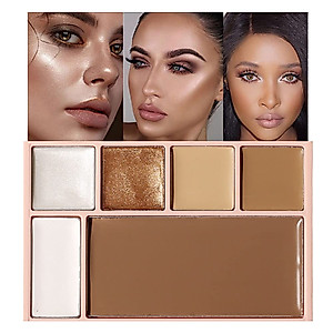 Pro Cream Highlight and Contour Palette Kit with Mirror & Brush for Women. White Silver Gold Highlight Brown Face Correcting Concealer Palette