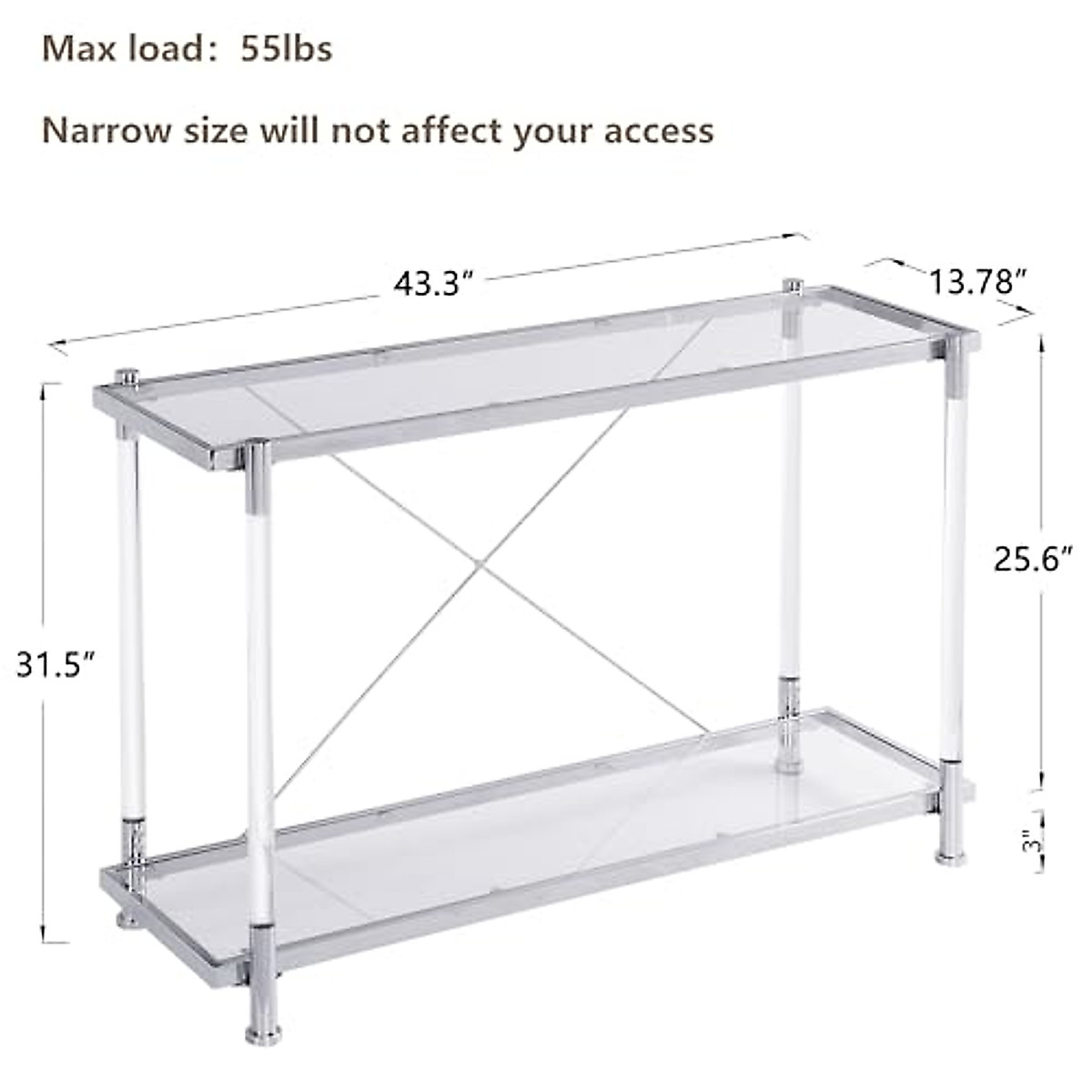 Sybrioka Glass Console Tables for Entryway, Acrylic Chrome Silver Sofa Side Table Metal Leg, Long Narrow Entryway Table for Small Space Hallway Living Room (Silver, Entryway Table)