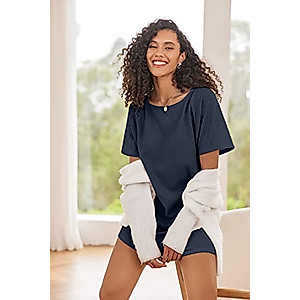 Ekouaer Women Casual Night Shirt Long Sleeve Nightgown Plain Round Neck Sleepwear Bluish Violet M