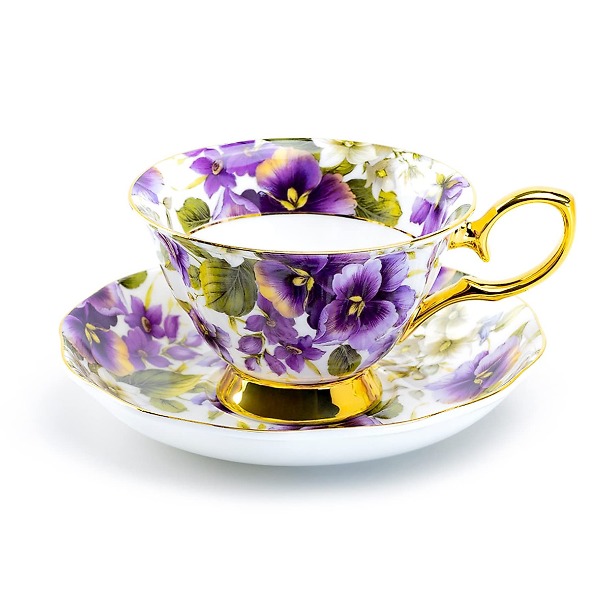 Grace Teaware Purple Pansy Gold Bone China Tea Cup and Saucer with Gold Trim