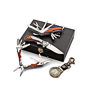 Kings County Tools Multi-Purpose Tool Set | 9 Function Folding Multitool | Multi-Blade Knife | One-Handed Liner Lock Pocket Knife | Belt Watch | Beautiful Wooden Storage Box | Great for Gifts