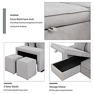 P PURLOVE Sectional Sofa with Pull-Out Sleeper Sofa Bed, Reversible Sectional Sofa with Storage Chaise and 2 Stools, L Shaped Couch Set for Living Room Apartment, Gray