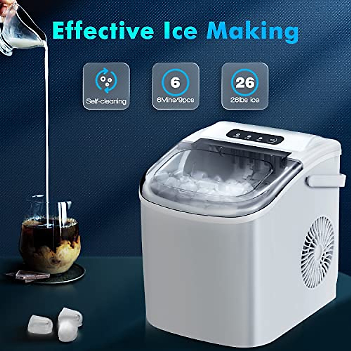 Ice Makers Countertop with Self-Cleaning, 26.5Lbs/24Hrs, 9 Cubes Ice Ready in 6 Mins, Portable Ice Maker with Ice Scoop/Basket for Home/Kitchen/Office/Bar, White(with Handle)
