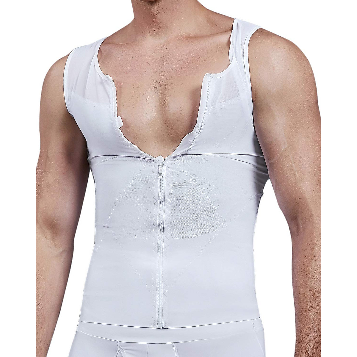 Vaslanda Men Slimming Body Shaper Vest Chest Compression Shirt Tight Undershirt Shapewear Tank Top Moobs Binder Zipper White