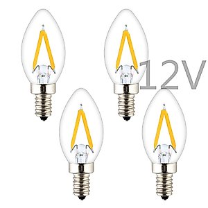 OPALRAY C7 12V-24V DC 1W LED Mini Candle Bulb, 12 Volts Low Voltage Input, RV Lighting Cabin Light, Warm White 2700K, 150LM 15W Incandescent Equivalent, for 12Volt Power, Mini Torpedo Shape, 4-Pack