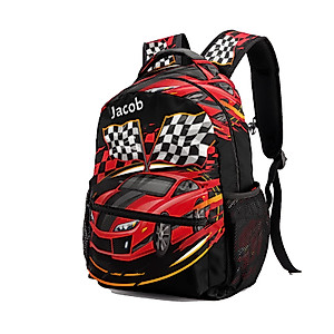 NZOOHY Red Track Car Personalized Kids School Backpack Custom for Boys Girls Primary Daypack School Bookbag Travel Bag