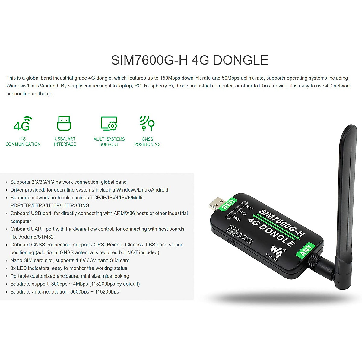 SIM7600G-H 4G DONGLE with Antenna, Industrial Grade 4G USB/UART, Communication and GNSS Positioning Support PC/Raspberry Pi/Drone/Industrial Computer, Support Global Band