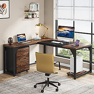Tribesigns 63" L-Shaped Computer Desk with Mobile File Cabinet, Large Executive Office Desk with 3-Drawer Vertical Filing Cabinet, Business Furniture Sets for Home Office