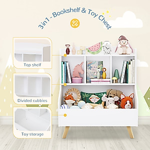 Curipeer Kids Bookshelf and Toy Storage, 3-Tier Wooden Open Bookcase, Baby Book and Toy Storage Display Organizer with Spacious Top Shelf Children, Friends, Family, White