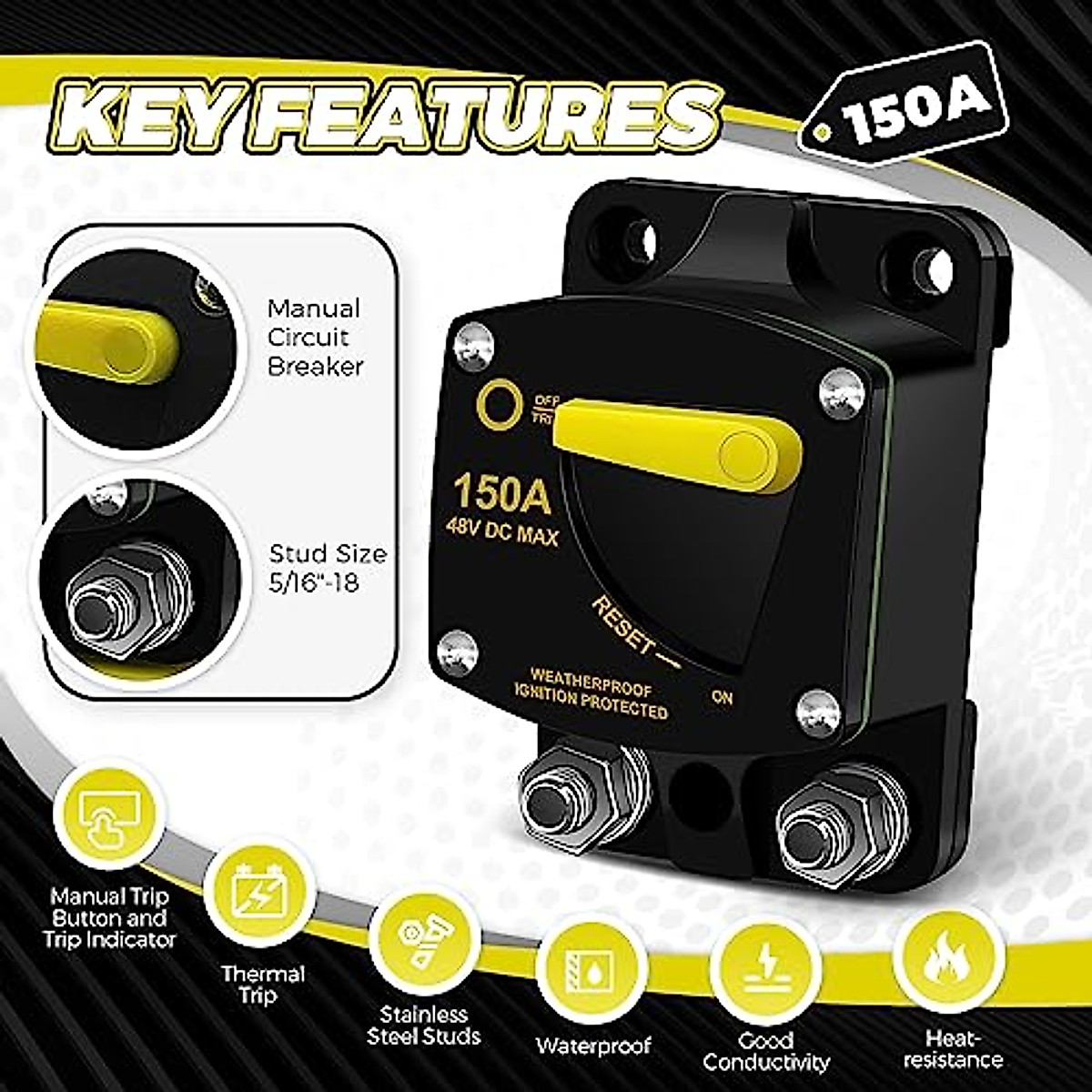 BULVACK 150 Amp High Amp Marine Rated Circuit Breaker for Boat Trolling Motor with Manual Reset Switch, Water Proof, 12V- 48V DC