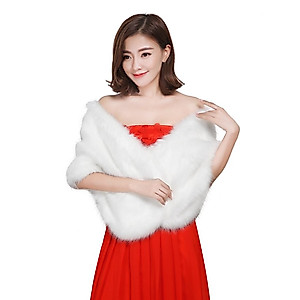 Women Winter Classic Faux Fur Capelets Shawls Soft Long Wedding Bridal Bridesmaid Shoulder Cape Wraps Dress Coat Tippet White