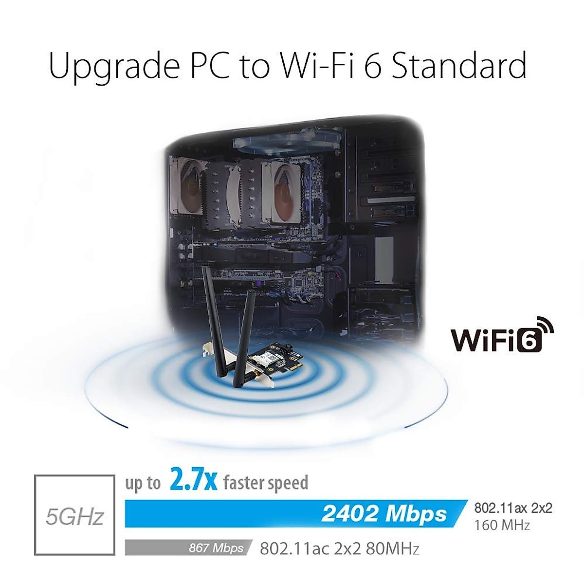 ASUS PCE-AX3000 WiFi 6 (802.11ax) Adapter with 2 External Antennas. Supporting 160MHz for Total Data Rate up to 3000Mbps, Bluetooth 5.0, WPA3 Network Security, OFDMA and MU-MIMO
