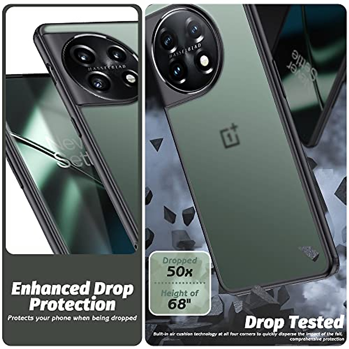 Orzero Phone Case Compatible for OnePlus 11 5G, with 2 Pack High Definition TPU Screen Protector, Matte Finish Full Body Protection Anti-Scratch Shock Proof Solid Hard Back Cover(1+2) - Frosted Black