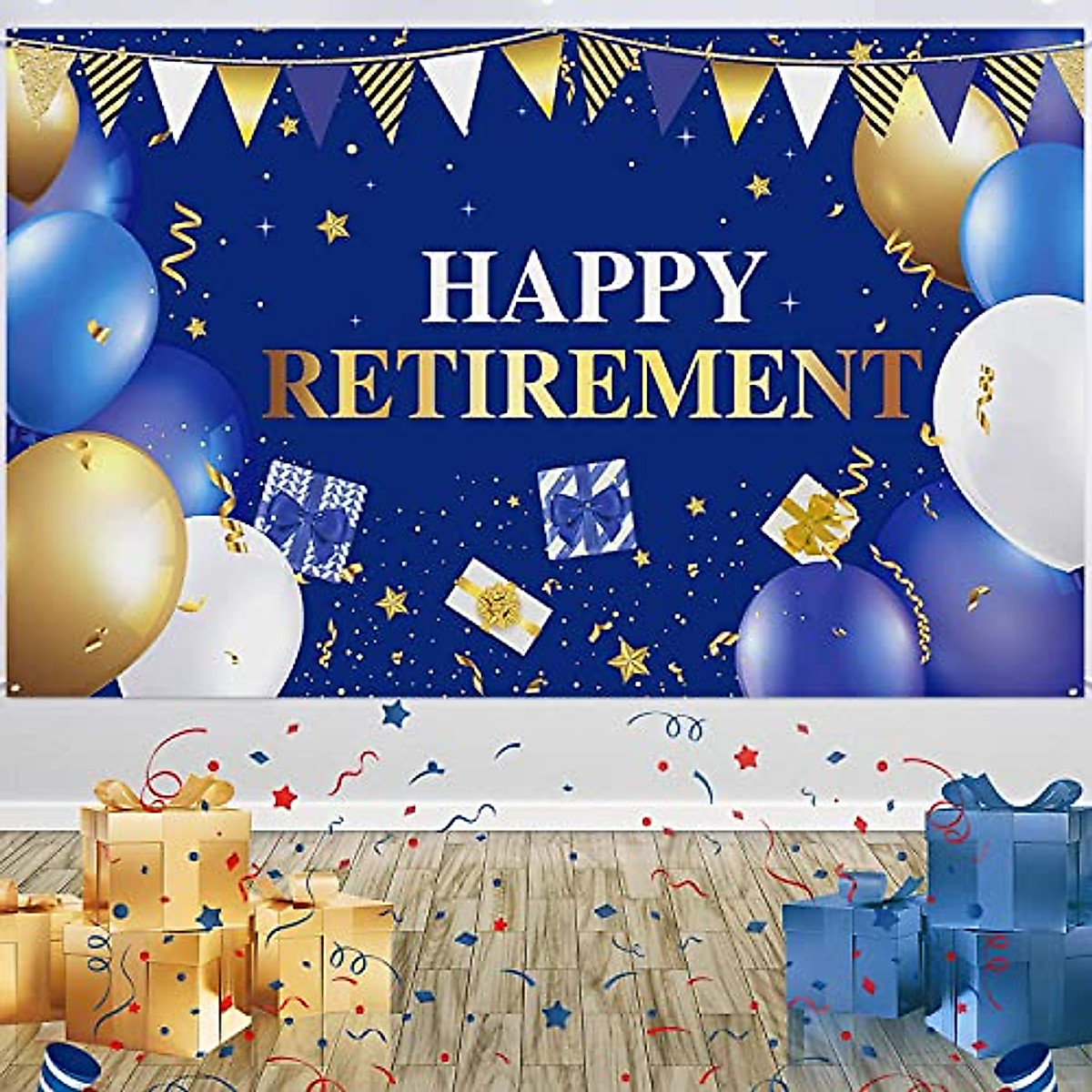 Navy Blue Retirement Decoration Banner, Large Happy Retirement Backdrop Banner Retirement Theme Party Photo Booth Background for Men Women Office Farewell Party Supplies, 71x 43.3 Inches