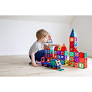 Playmags Magnetic Tile Building Set: Exclusive Educational Clickins 36-Pc. Kit: 18 Super Strong Clear Color Magnet Tiles Windows & 18 Letters & Numbers Stimulate Creativity & Brain Development