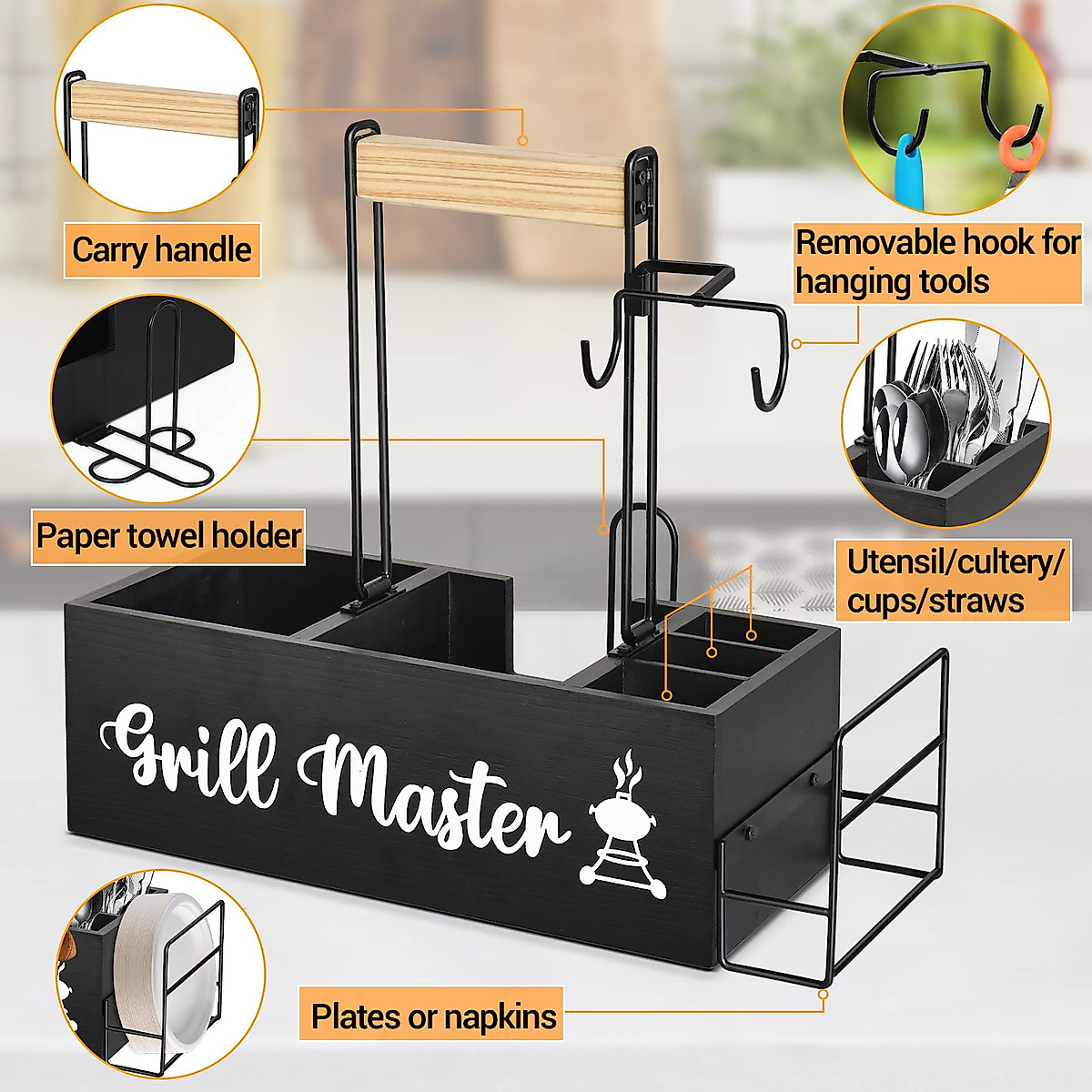 Grill Utensil Caddy, Picnic Condiment Caddy, BBQ and Grill Caddy with Paper Towel Holder & Paper Plate Holder. Grilling Caddy with Wood Handle & 2 Hooks, Multi-use Storage Organizer for Outdoor Grill
