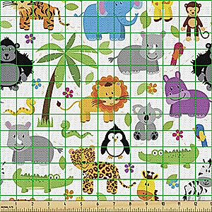 Lunarable Animals Fabric by The Yard, Jungle and Zoo Themed Pattern with Tropical Trees and Animals, Decorative Fabric for Upholstery and Home Accents, 1 Yard, Green Grey