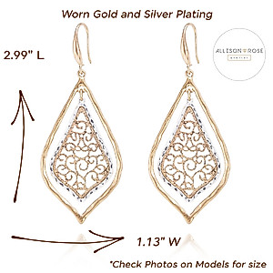 ALLISON ROSE ATELIER – Boho Filigree Two-Tone Dangle Earrings - Exquisite Handcrafted Jewelry for Boho Chic Style - Large Two Tone Worn Gold and Silver Plated Earring Set