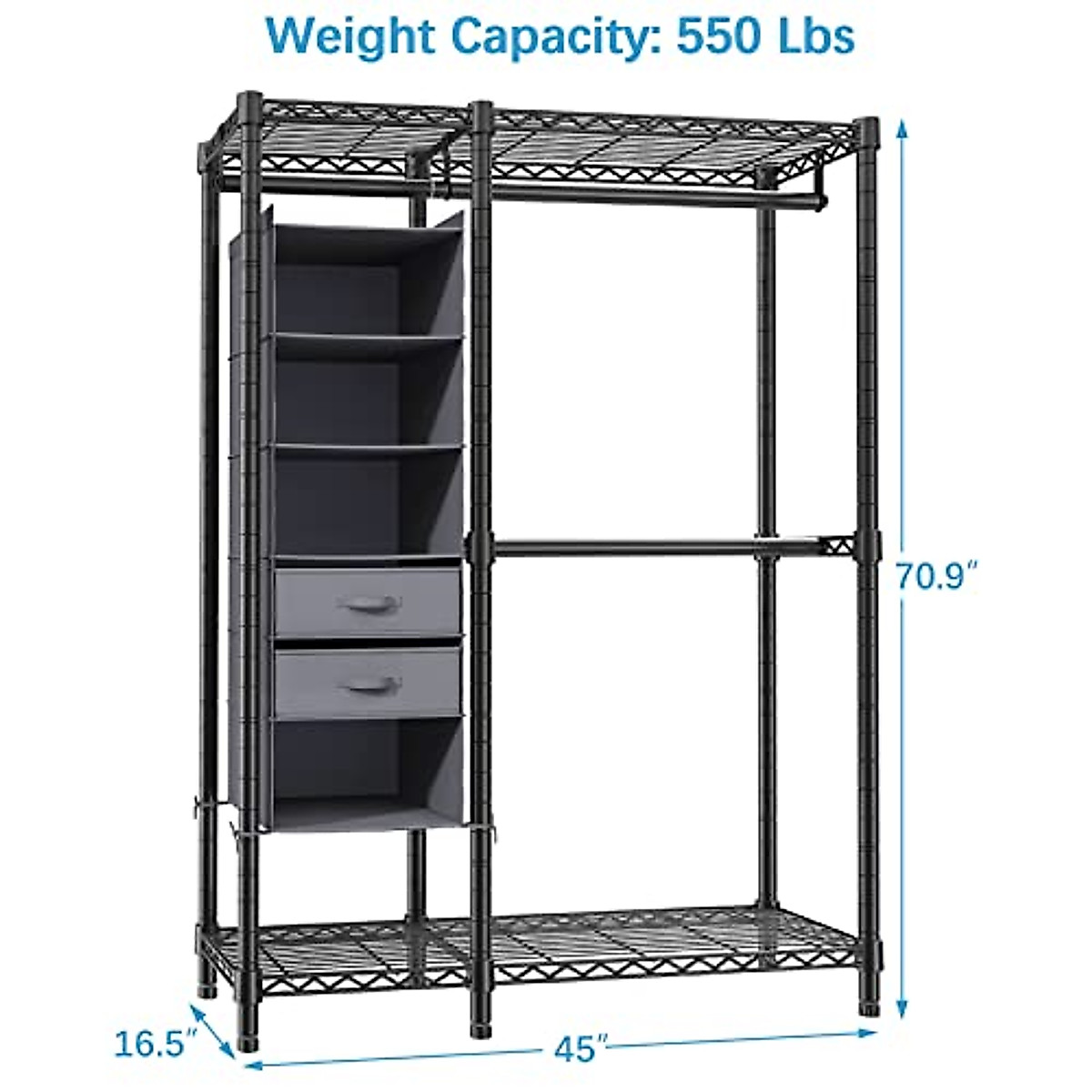 VIPEK V2E Wire Garment Rack Heavy Duty Clothes Rack with 6-Shelf Hanging Closet Organizer & 2 Drawers, Freestanding Wardrobe Closet Metal Clothing Rack for Hanging Clothes, Max Load 550LBS, Black