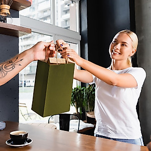 Green Gift Bags – 8x4x10 100 Pack Small Olive Kraft Shopping Bags with Handles, Customizable Craft Paper Euro Tote Bags for Boutique, Retail, Wedding Guests, Holiday, Birthday, Small Business, Bulk