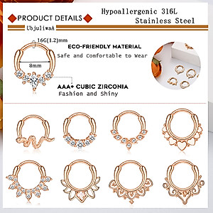 Ubjuliwa 9Pcs Septum Jewelry 16G Daith Earrings Hinged Hoop Nose Rings 316L Stainless Steel Septum Clicker CZ Rings for Women Rose Gold Cartilage Helix Tragus Rook Hoop Daith Earrings 8MM Style B