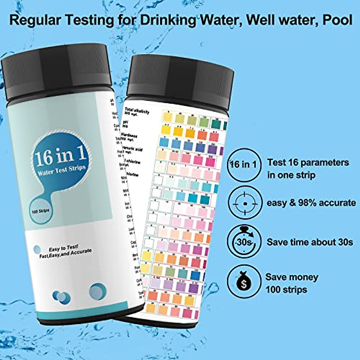 16 in 1 Water Test Kits,100 PCS Drinking Water Testing Strips,Tap and Well Water Test Strip Quick & Easy Testing for pH, Lead, Chlorine, Hardness,Nitrate,Iron,Copper and More