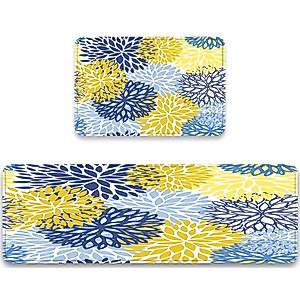 Kitchen Rug Set 2 Pieces Green Spring Floral Blue Yellow and Navy Chrysanthemum Flowers Comfort Mat Cushioned Floor Mats Washable Doormat Anti Fatigue Non-Slip Kitchen Runner Rugs Bedroom Area Carpet