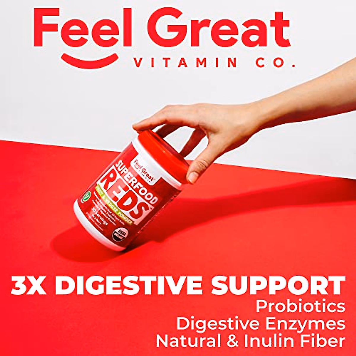 Superfood Reds Powder Fruit & Veggie Powder by Feel Great Vitamin Co. | Reds Superfood Powder with Beet Root Powder, Polyphenols, & Enzymes | Fruit Vegetable Supplements | Berry Flavor, (30 Servings)