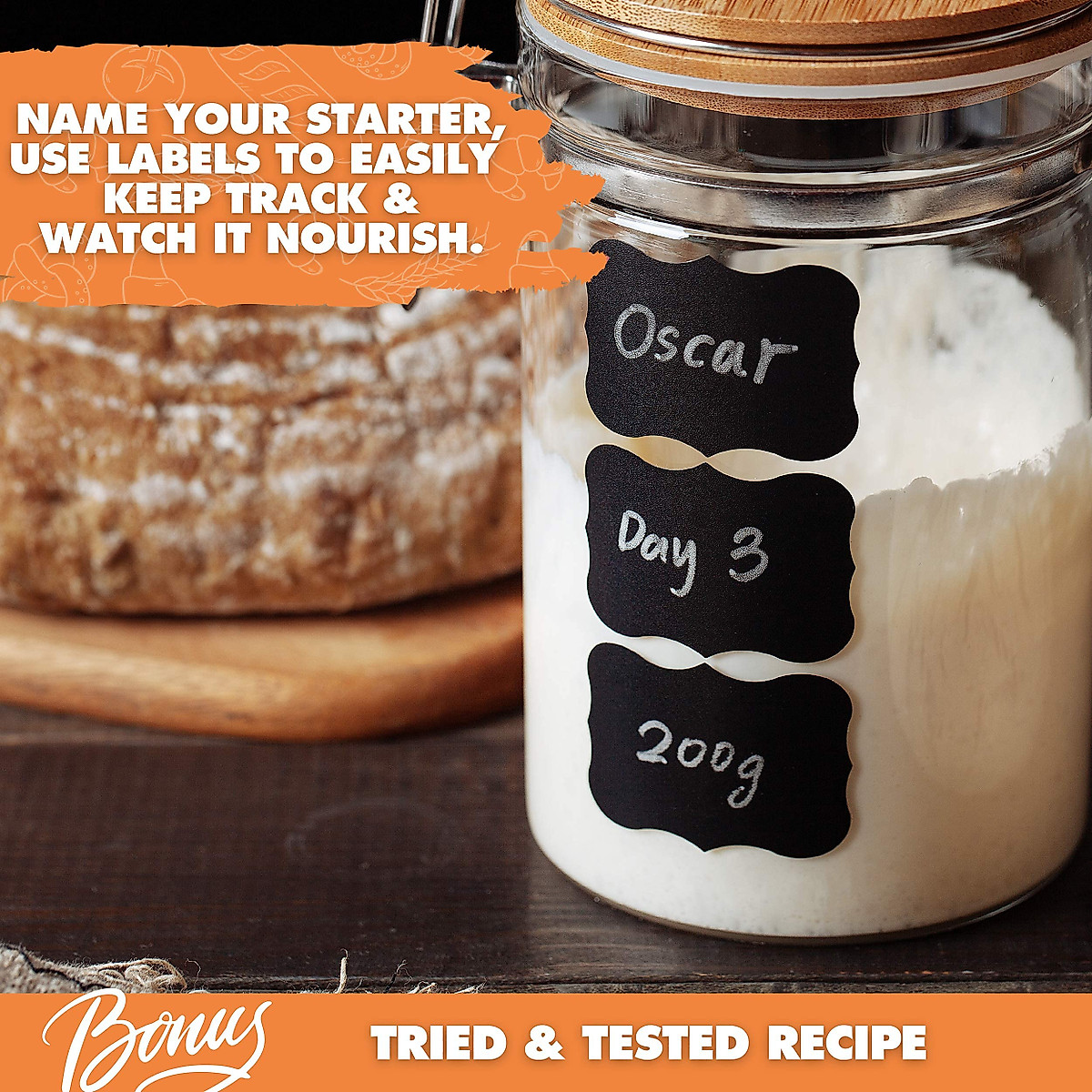 Oscar's Bakery Sourdough Starter Kit & Reusable Bread Bags Bundle- Premium Glass Jar, Digital Recipe, Accessories & Eco-friendly Bread Storage Bags