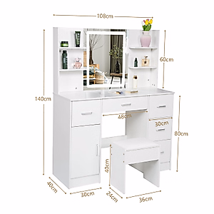 Caulitar Vanity Desk with Mirror and Lights-3 Color and Brightness Adjustable, Vanity Set with Drawers and Chair, White Makeup Vanity Table for Girls