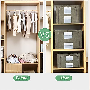 BESTUNIHOM Stackable Oxford Storage Bins with Transparent Windows for Clothing, Quilts, Blankets, Foldable Bedroom Storage Closet Organizers, 2 Pcs Brown 60L SNX-NJB012PBR60