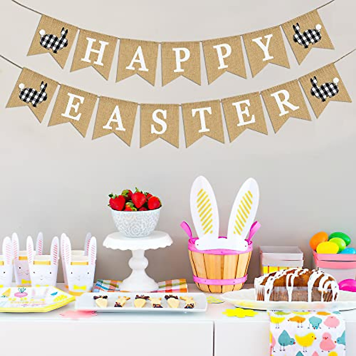 Happy Easter Burlap Banner with Buffalo Plaid Bunny - NO DIY - Rustic Farmhouse Easter Decorations - Easter Bunny Bunting Garland for Mantel Fireplace - Spring Easter Party Decoration