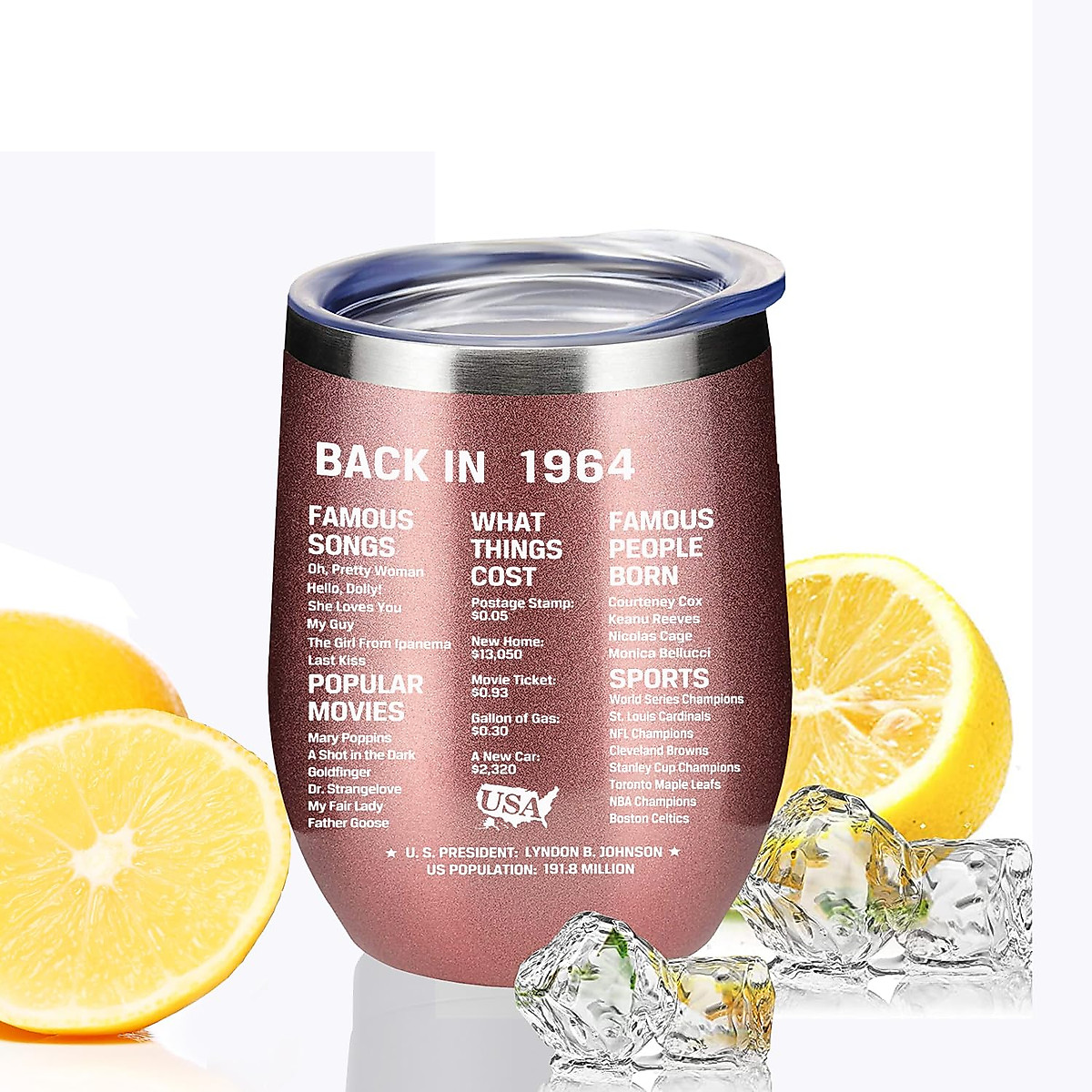 60th Birthday Gifts for Women Friends, 12 Oz Insulated Stainless Steel Wine Tumbler with Lid, Double Side Printed Birthday Thermos cup, Back in 1964 Old Time Information, Best Birthday Gifts