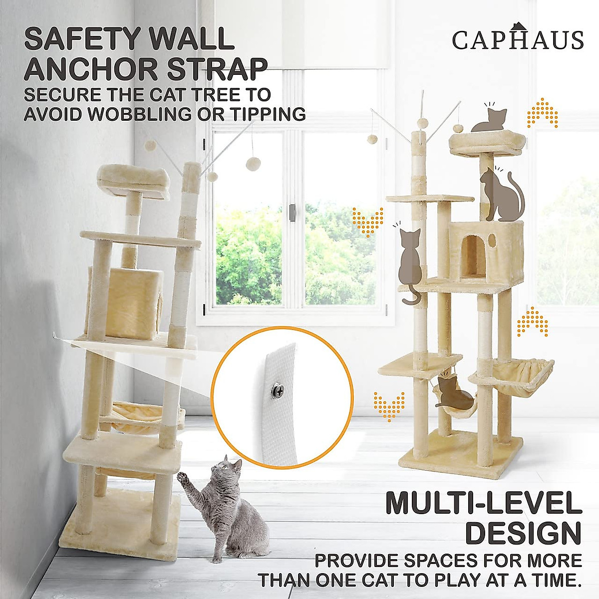 CAPHAUS 70-Inch Activity Tree with Hammock, Multi-Level Modern Cat Climbing Play Tower w Tall Top Perch, Cat Cave Condo, Indoor Cat Treew Cute Scratching Posts for Large Cats Kittens