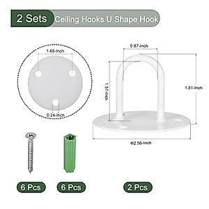 YOKIVE 2 Pcs Ceiling Hanging Hook, Wall Mounted U Shape Hook with Round Plate Hanging Plants, Great for Office, Home, Daily Use (White, 2.6x1.8-Inch)