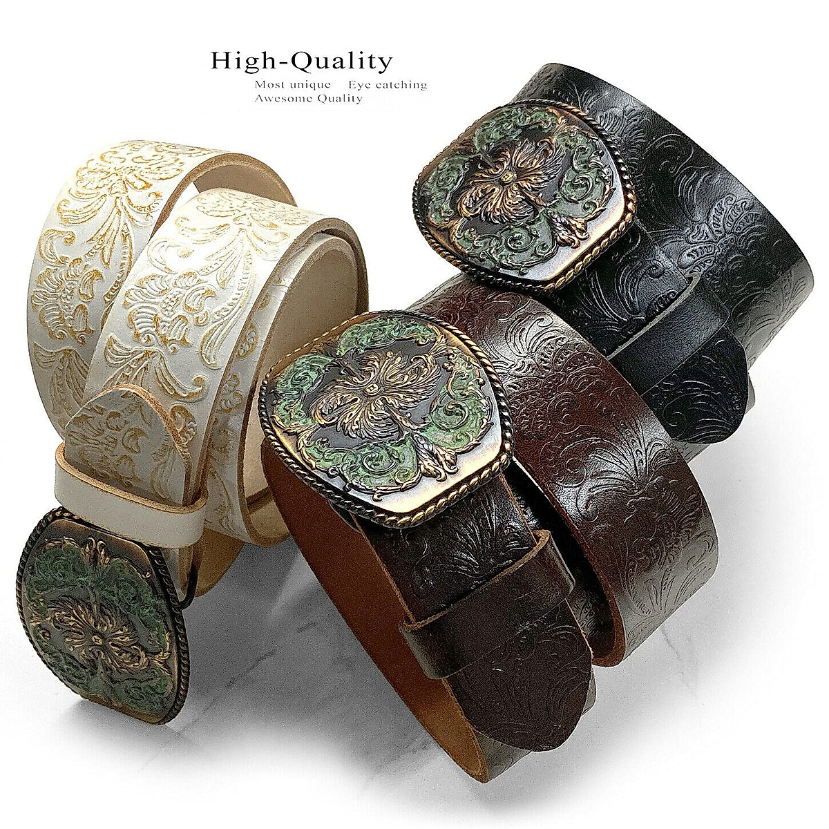 Western Fashion Style Floral Engraved Buckle Full Grain Genuine Leather Belt 1-1/2" (38mm) Wide, Multi-Style Options (Brown, 36)