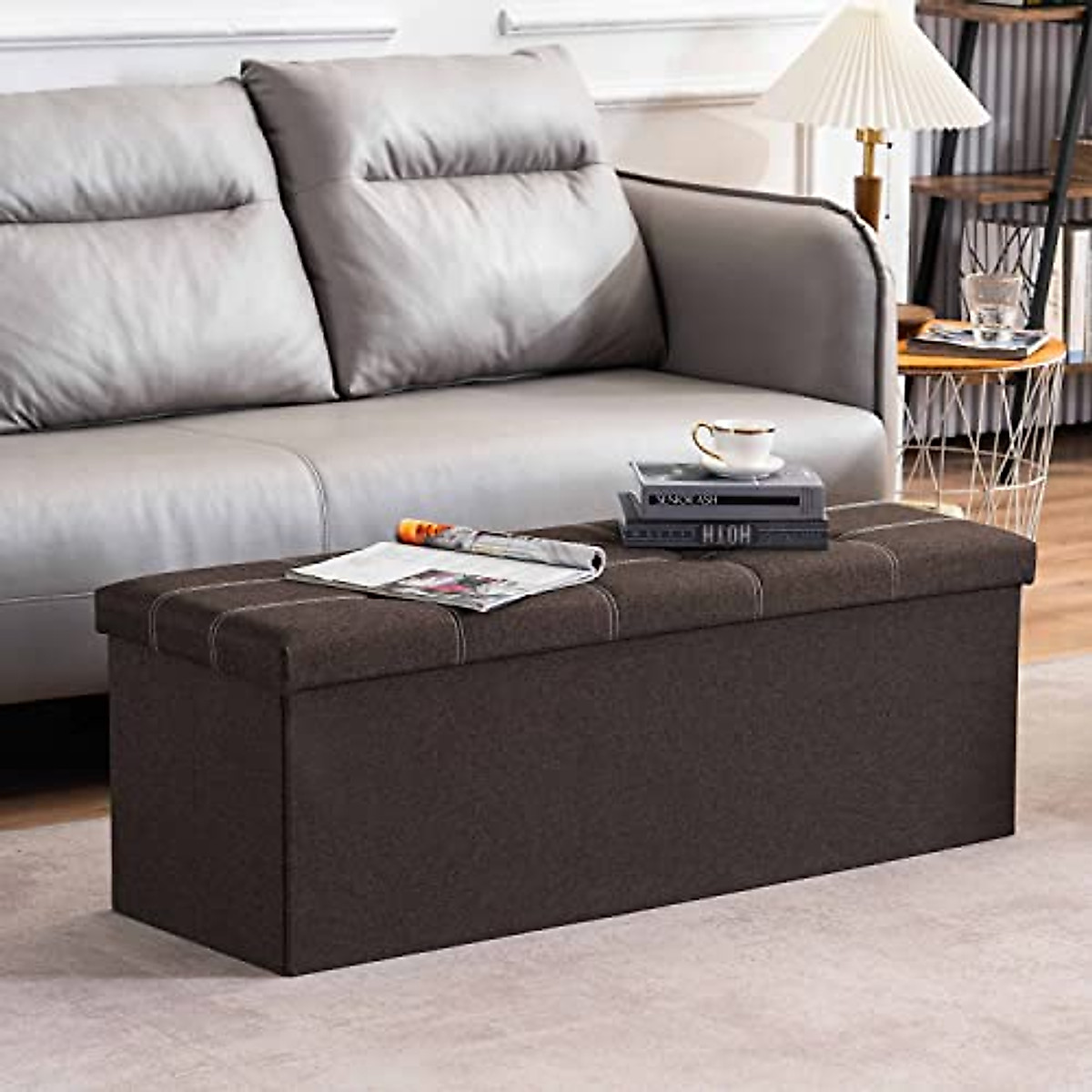 YOUDENOVA 43 Inches Folding Storage Ottoman Bench, Storage Chest Foot Rest Stool with Wooden Divider, Bed End Bench with 120L Large Storage Space, Linen Fabric Brown