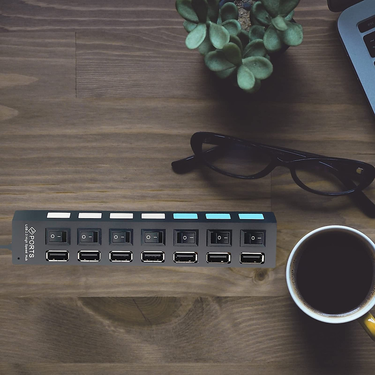 7-Port USB Hub 2.0, USB Hub USB Splitter with Individual Switches for Laptop, Computer, Keyboard and Mouse, USB Devices (Black)