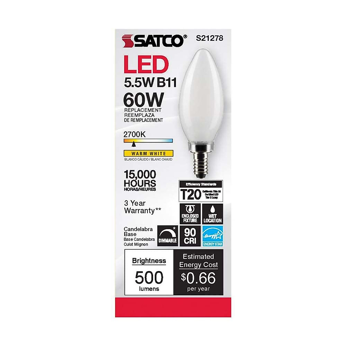 Satco S21278 5.5B11/LED/927/FR/120V/E12-6 Pack