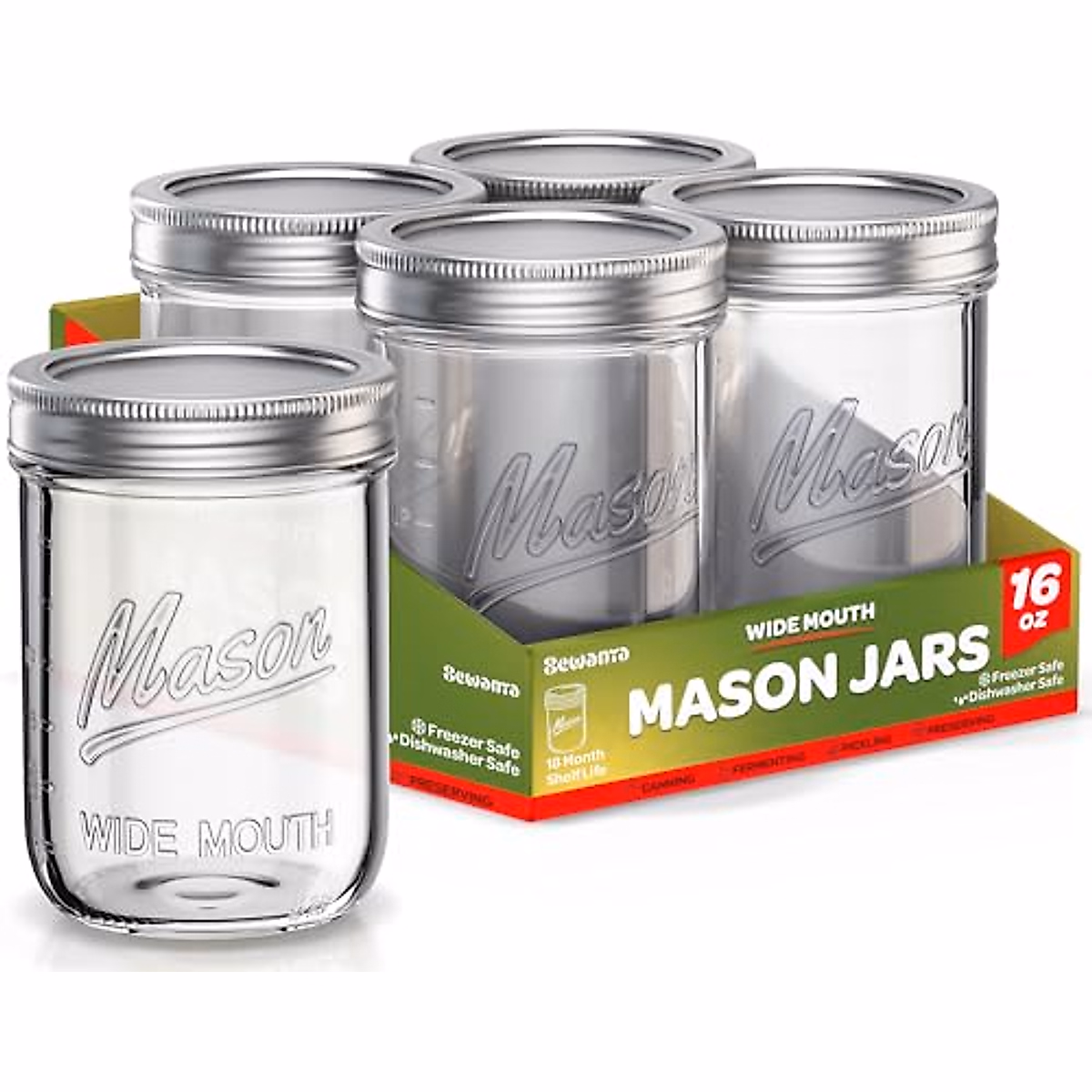 SEWANTA Wide Mouth Mason Jars 16 oz With mason jar lids and Bands, mason jars 16 oz - For Canning, Fermenting, Pickling - Jar Décor - Microwave/Freeze/Dishwasher Safe. (22)