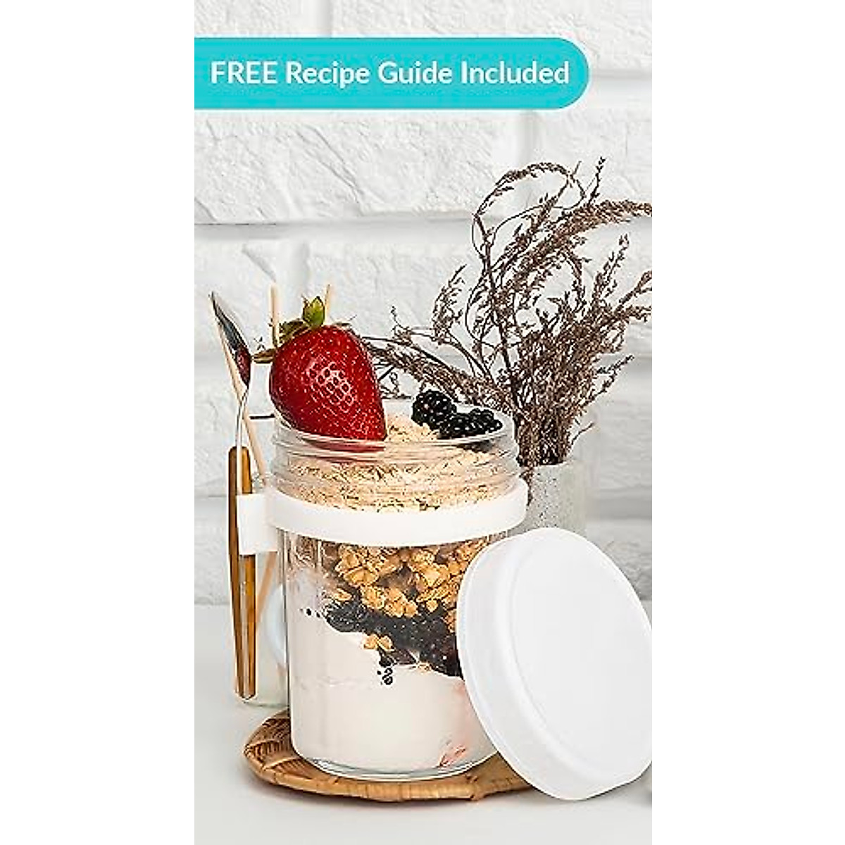 4 Pack Overnight Oats Containers with Lids and Spoons, 16oz Glass Mason Meal Prep Container Microwave Safe,Airtight Glass Jars,Oats Overnight,Yogurt Parfait Fruit Cereal With Measurement Marks