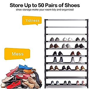 COMHOMA Shoe Rack 10 Tiers Large Shoe Rack Organizer for 50 Pairs Space Saving Shoe Shelf Non-Woven Fabric Shoe Storage Cabinet Adjustable GRAY