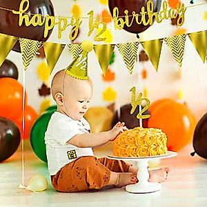 LHMTQVK Happy 1/2 Birthday Banner Pre-Strung 6 Months Banner, Half Birthday Banner 1/2 Birthday Crown Hat, 1/2 Half Year Cake Topper- for Baby's 6 Months Birthday Party Decoration Set… (Gold)