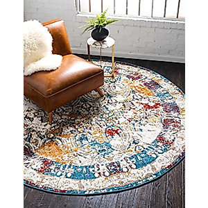 Unique Loom Rosso Collection Vintage, Traditional, Distressed, Bohemian, Botanical, Southwestern Area Rug, Round 8' 0" x 8' 0", Multi/Blue
