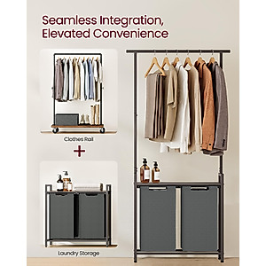 VASAGLE Laundry Basket, 2-Section Laundry Hamper with Pull-Out and Removable Liners, Clothes Rail, 2 x 12.1 Gallons, 28.7 x 13 x 69.7 Inches, Heather Greige and Slate Gray UBLH231G02